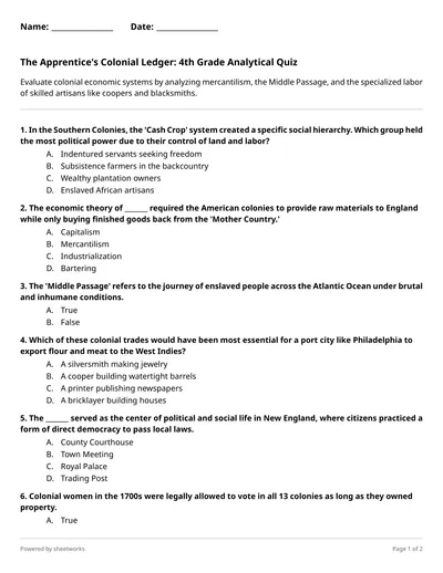 The Apprentice's Colonial Ledger: 4th Grade Analytical Quiz - Free Hard ...