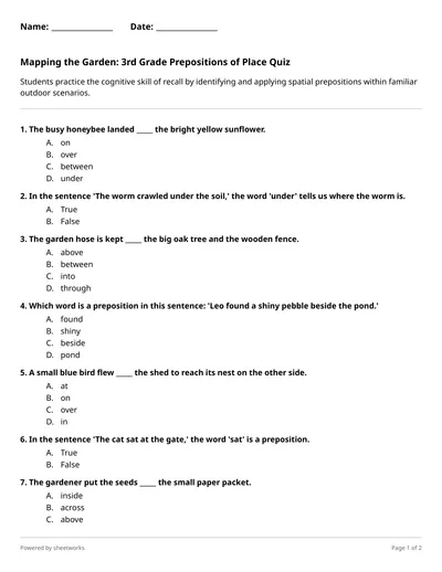 Mapping the Garden: 3rd Grade Prepositions of Place Quiz - Free Easy ...
