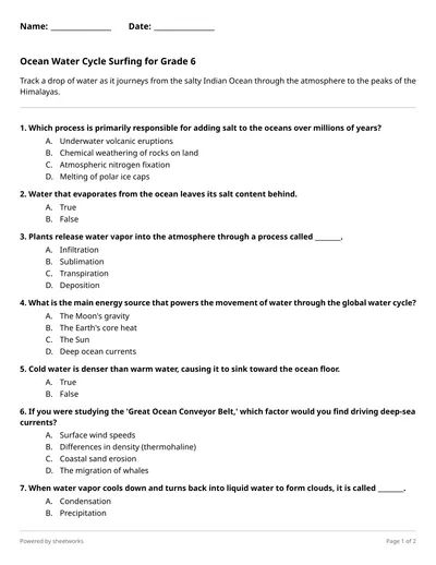 Ocean Water Cycle Surfing for Grade 6 - Free Easy Quiz Worksheet ...