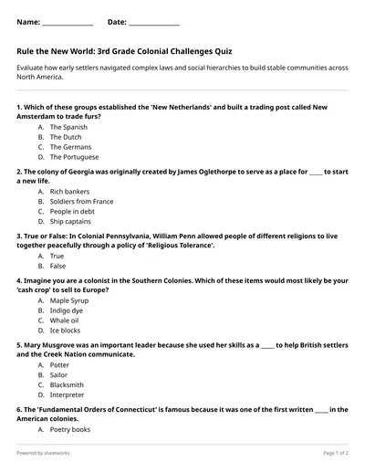 Colonial America Worksheets | Sheetworks