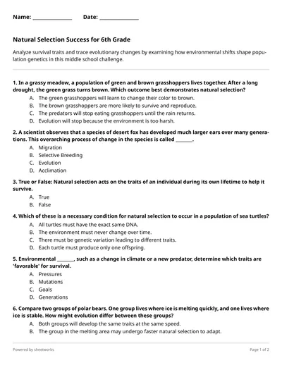 Natural Selection Success for 6th Grade - Free Medium Quiz Worksheet ...