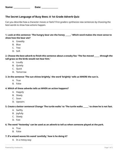 The Secret Language of Busy Bees: A 1st Grade Adverb Quiz - Free ...