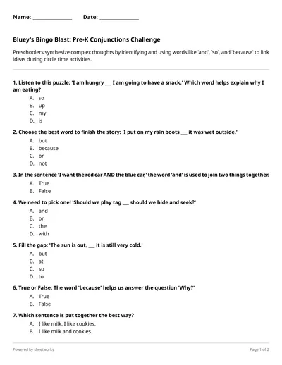 Bluey's Bingo Blast: Pre-K Conjunctions Challenge - Free Advanced Quiz ...