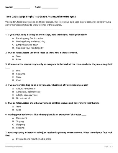 Taco Cat's Stage Fright: 1st Grade Acting Adventure Quiz - Free Easy ...